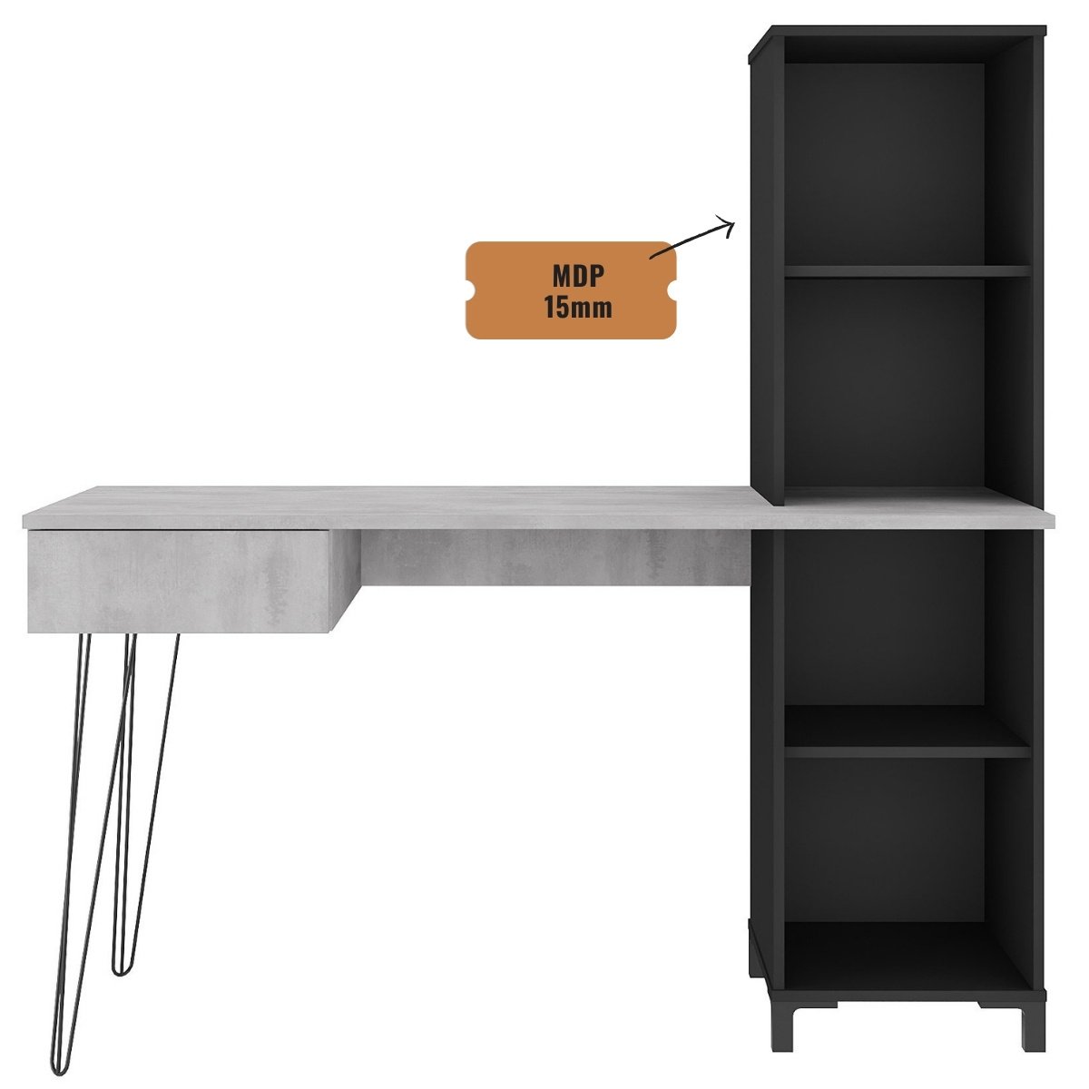 Escrivaninha com Estante e Gaveta Fusion - Concreto/Preto
