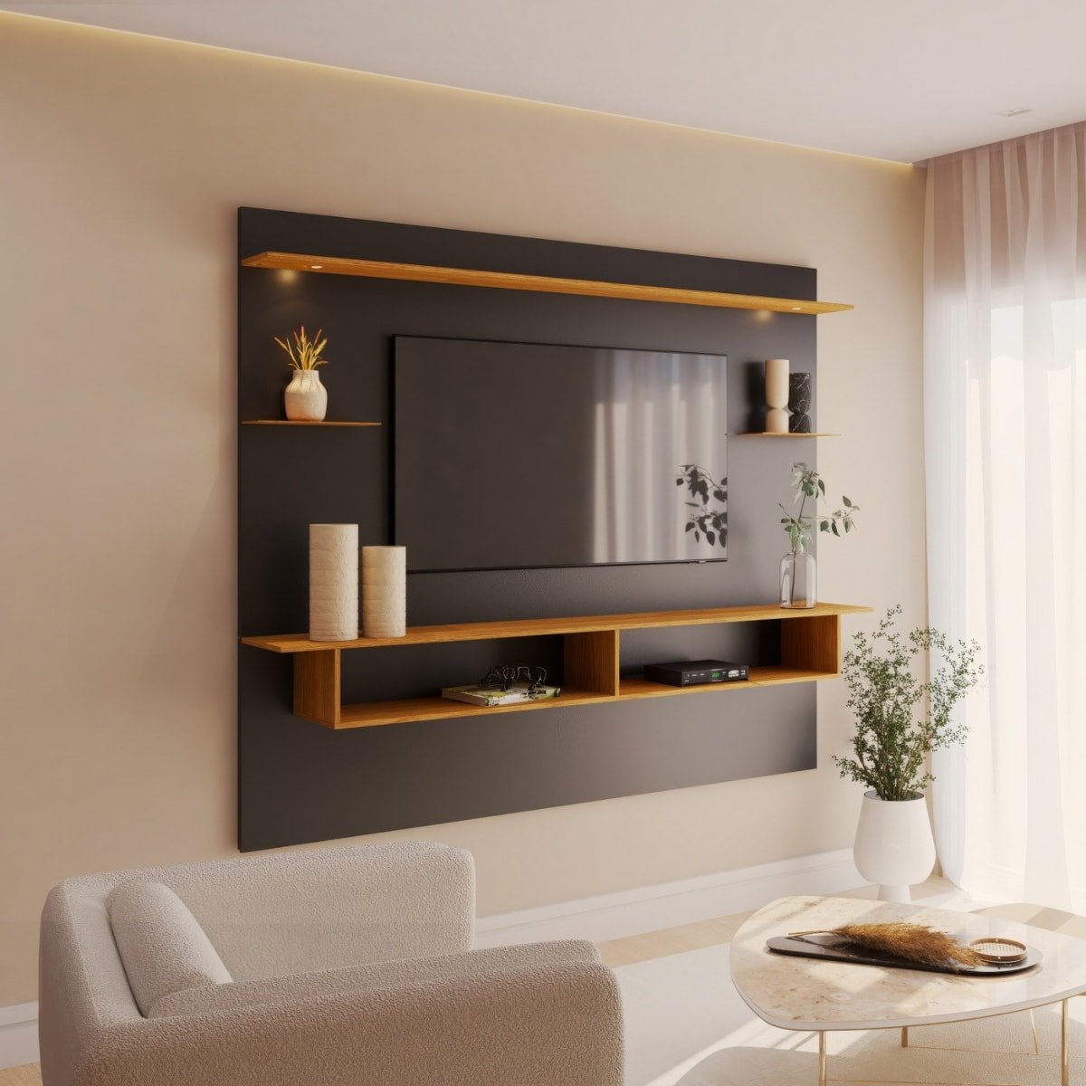 Painel TV 50 2 Nichos Viena - Preto/Freijó