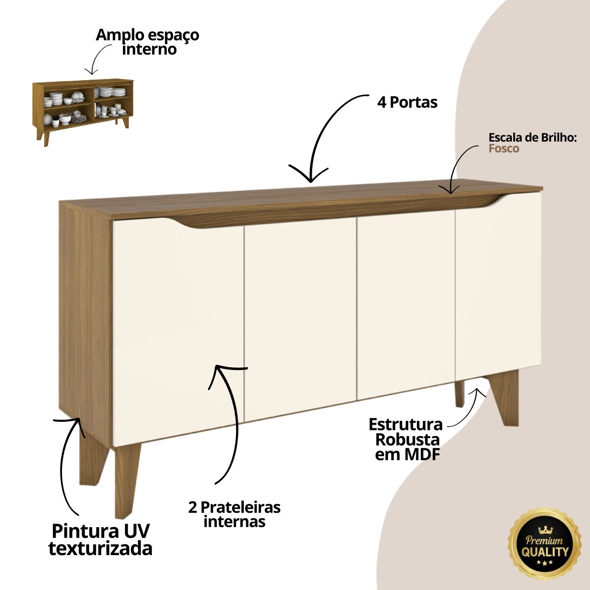 Aparador Buffet 4 Portas Quartzo - Nature / Off White
