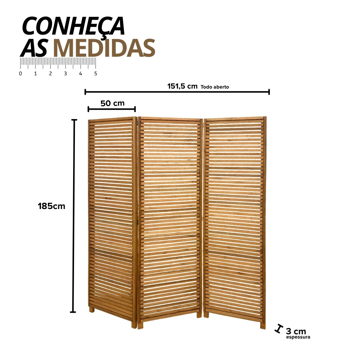 Biombo Decorativo de Madeira 3 Folhas Ripado Sanfonado - Maju - Madeiral